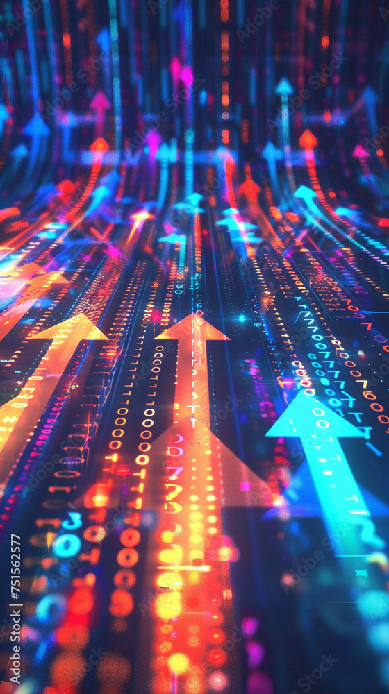 Abstract financial matrix digital data and upward arrows merge ...