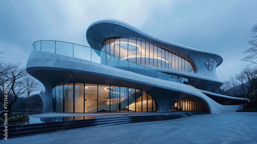 An avant-garde building showcasing flowing concrete forms and expansive ...