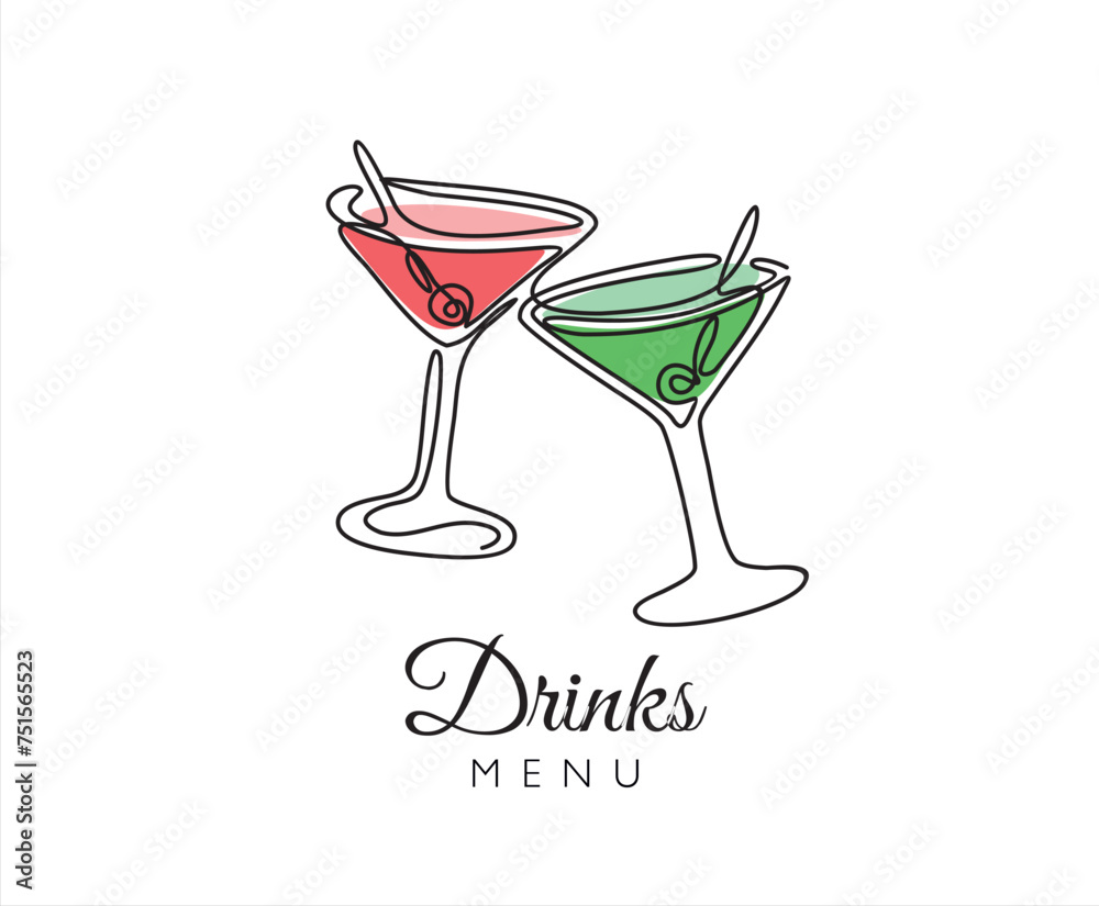 Drinks menu. Continuous one line drawing of glasses with cocktails ...