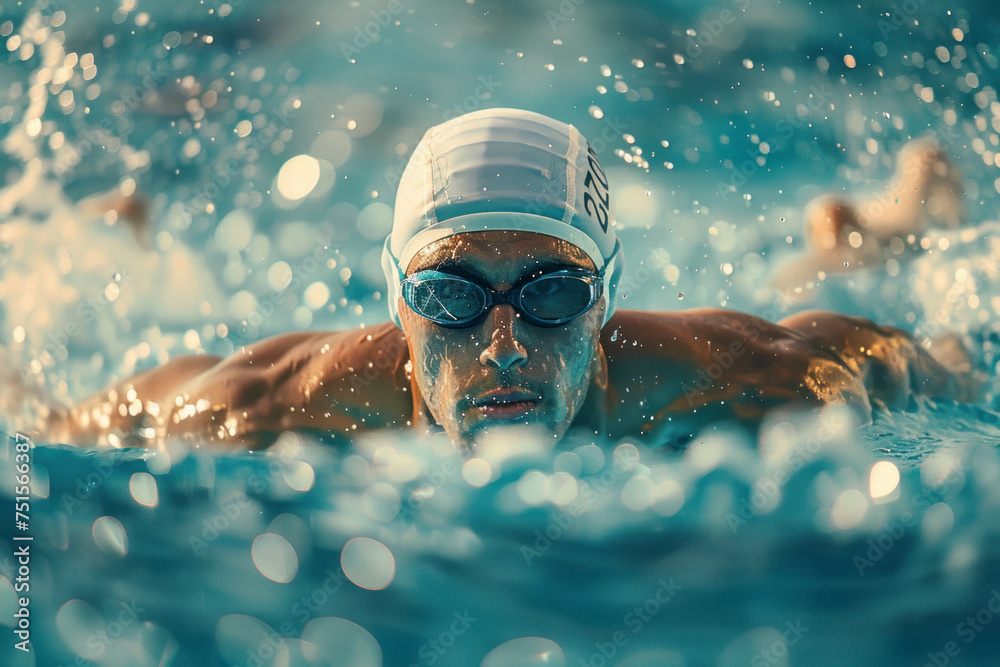Competitive swimmer powering through the water with streamlined form ...