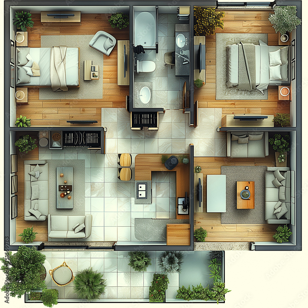 Home floor plan with interior design, apartment layout top view with ...