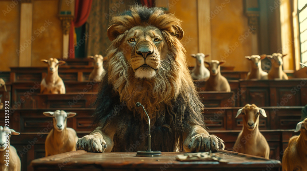 In a whimsical courtroom set in the savannah, a lion presides over a ...