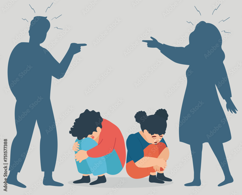 Parents arguing in from of their sons. Angry mother, father fighting in ...