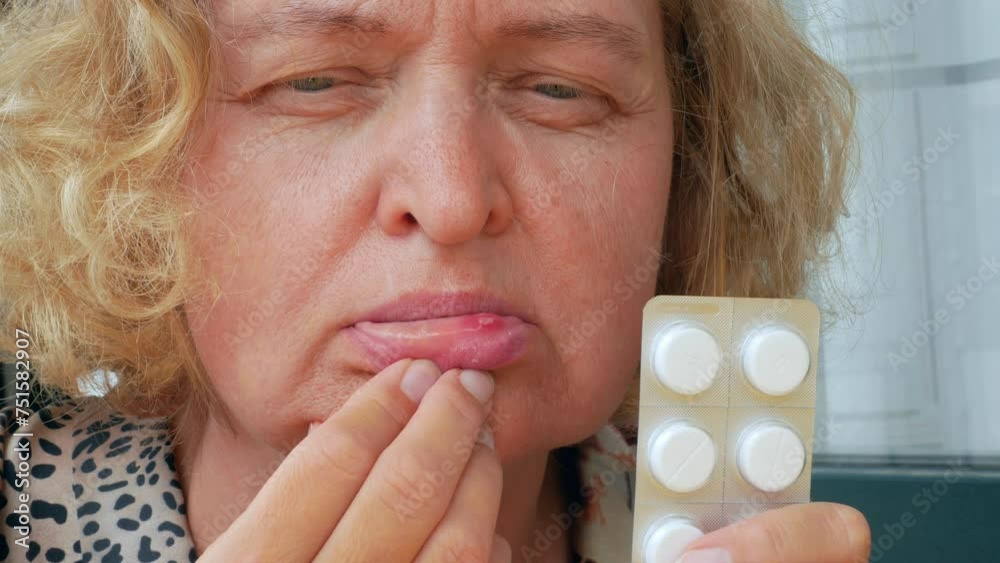 stomatitis in mouth closeup, close-up on the lip with aphthous ...