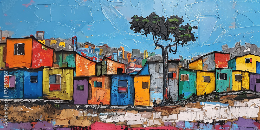 Colourful South African art with township village culture depicting ...