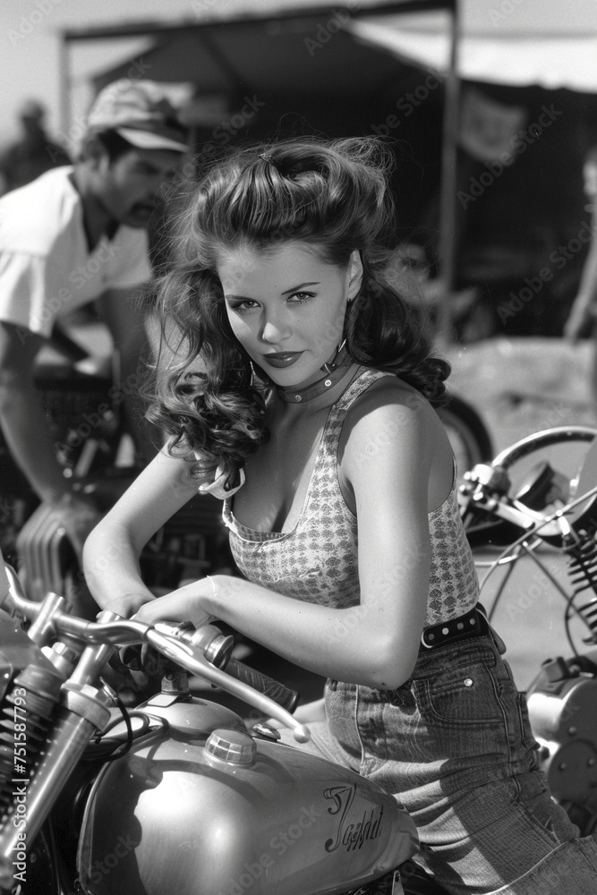 the 1960s, where a pin-up girl works diligently on a shovel head engine ...