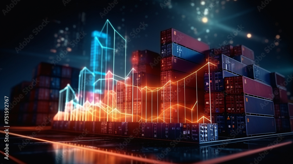 graph with columns on the background of shipping containers in the ...