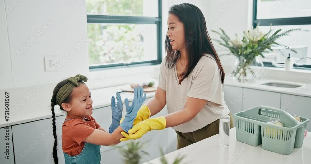 Mother, daughter and gloves in kitchen for cleaning, health and safety ...