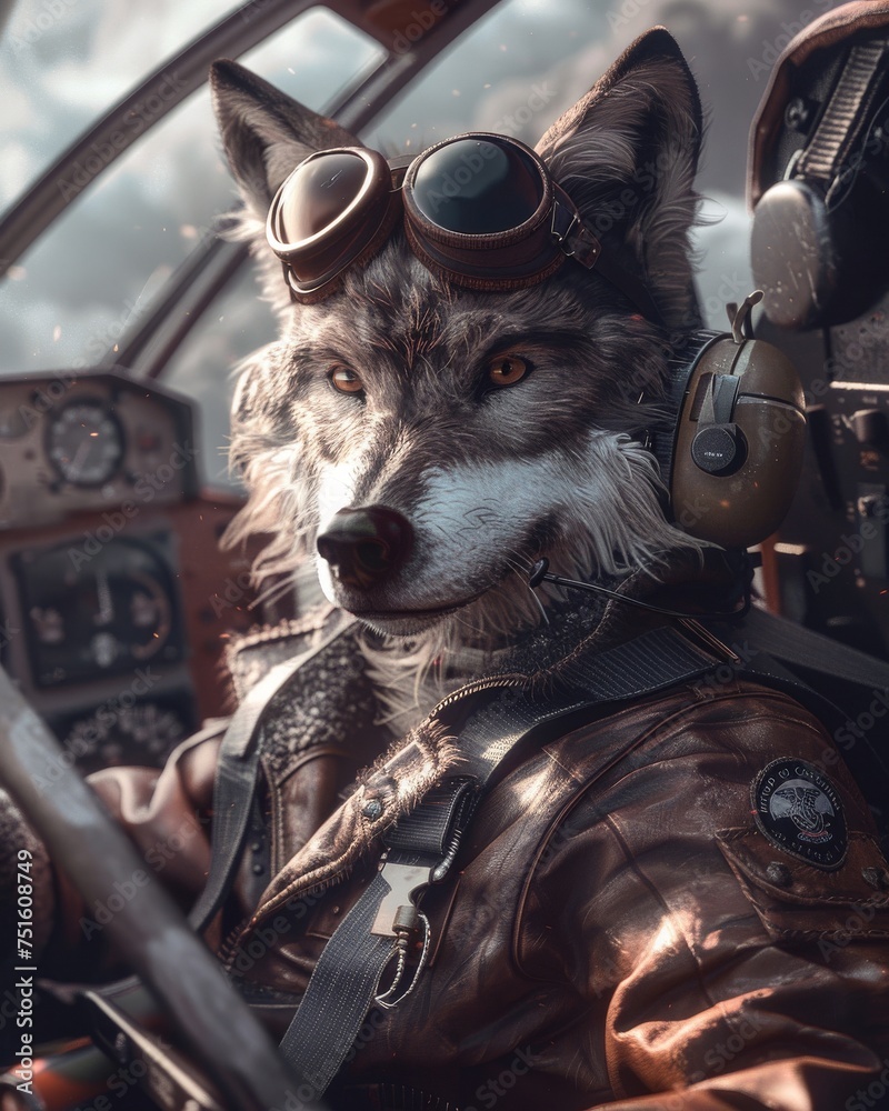 A stylish portrayal of a wolf pilot in the cockpit sporting aviator ...