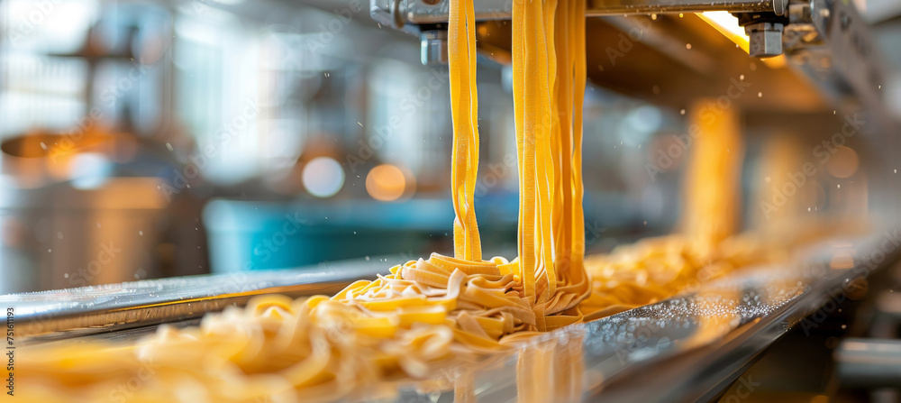A cascade of fresh, golden pasta strands in an industrial kitchen with ...