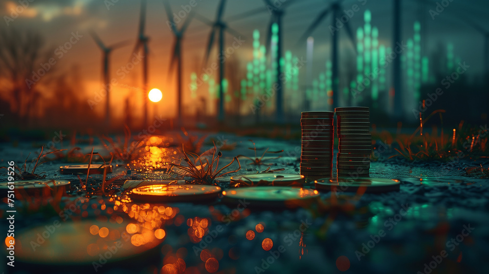 investing in renewable energy, with coins stacked in front of a digital ...