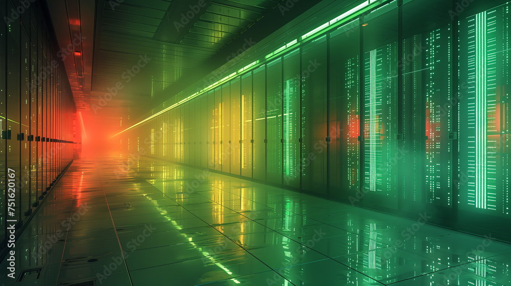 inside a bustling data center, with server racks lined up in precision ...