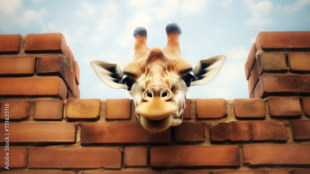 portrait of a playful and inquisitive giraffe, peeking over a tall ...