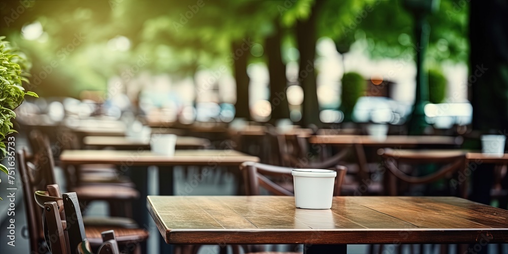 Outdoor table of coffee cafe and restaurant. Summer terrace on city ...