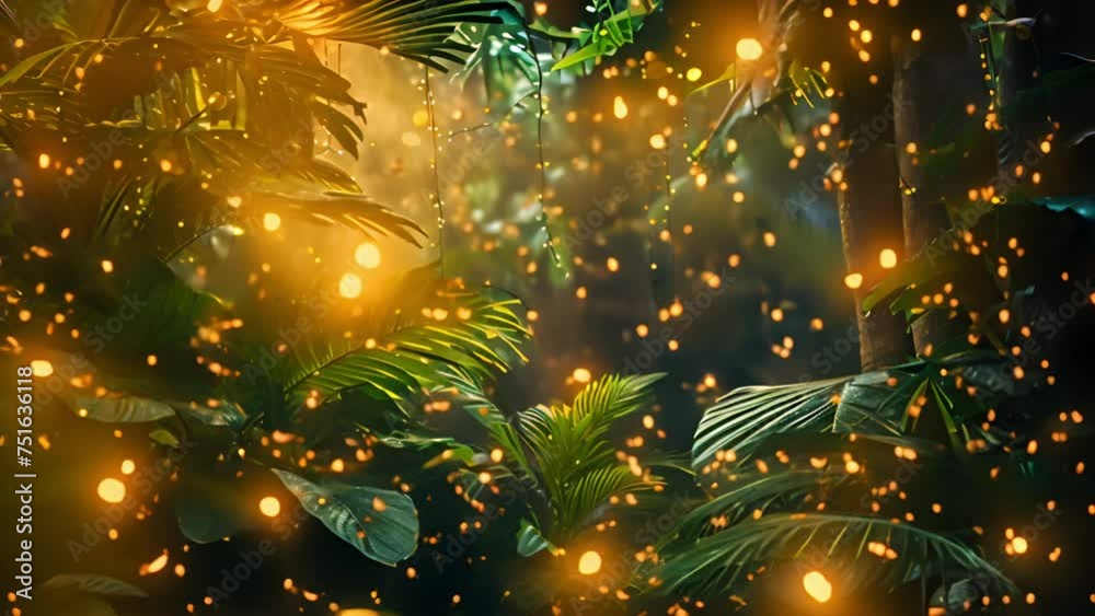 Tropical jungle by night with sparkling fireflies. Flying through ...
