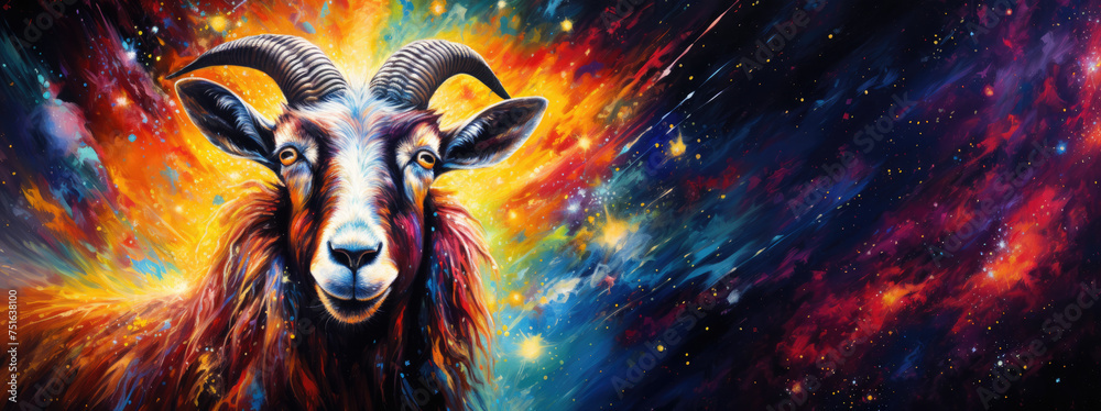 Majestic goat, starlit horns, mountainous backdrop, cosmic sky, nebulae ...