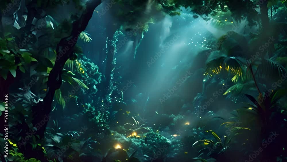Tropical jungle by night with sparkling fireflies. Flying through ...