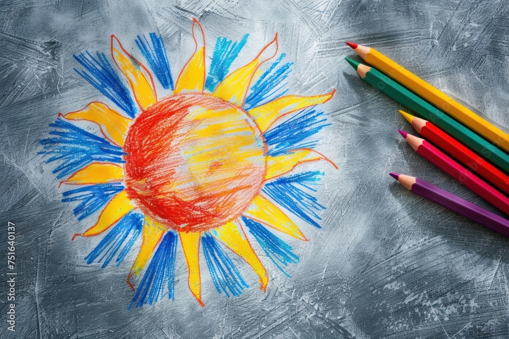 Child's colorful crayon drawing of the sun with rays on a textured grey ...