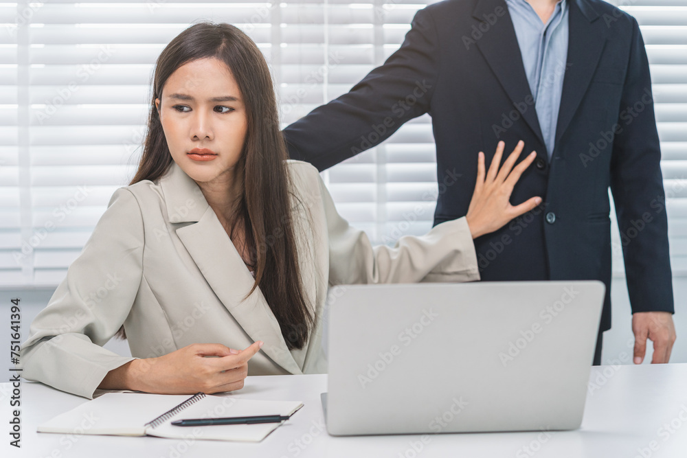 Unhappy, disgusted asian young employee, business woman defending hand ...