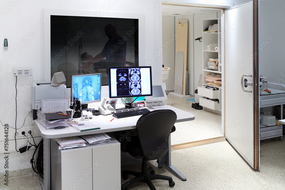 Interior of X-ray control room with all necessary computer equipment ...