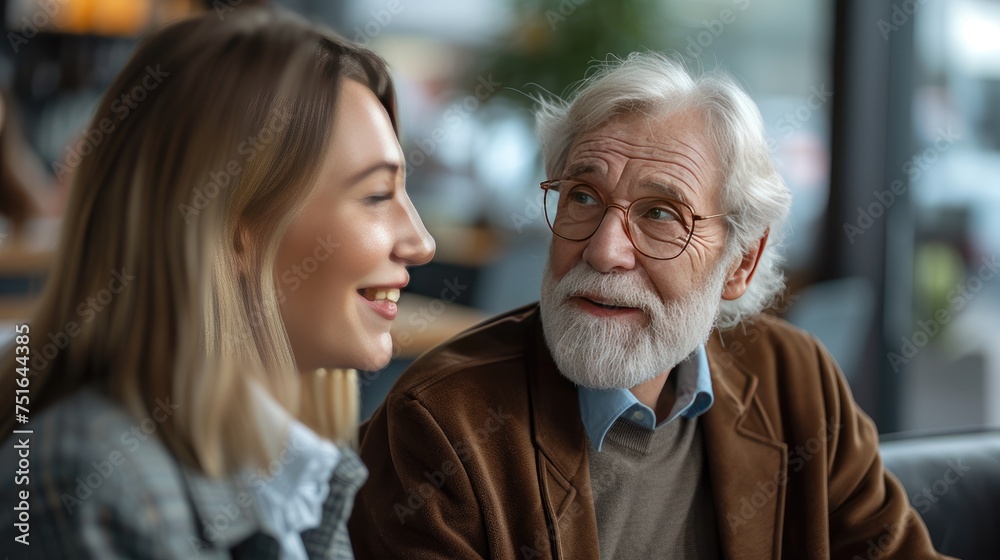 Generational Exchange, young woman and an elderly man share a moment of ...