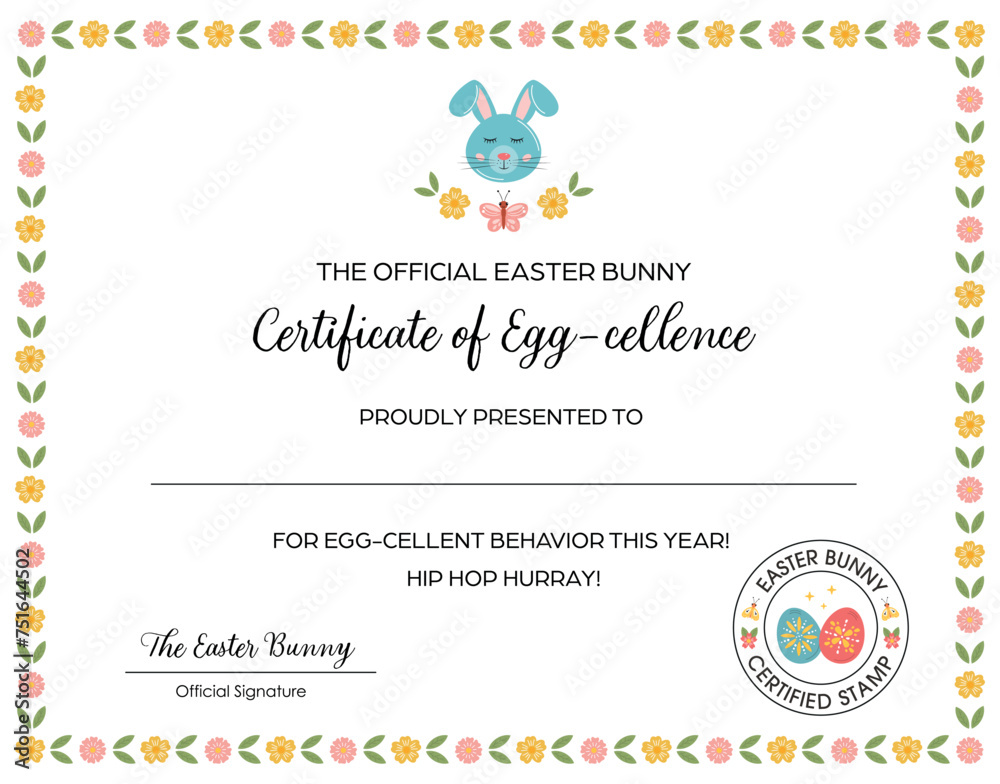 Easter Certificate from Easter bunny for kids. Excellence certificate ...