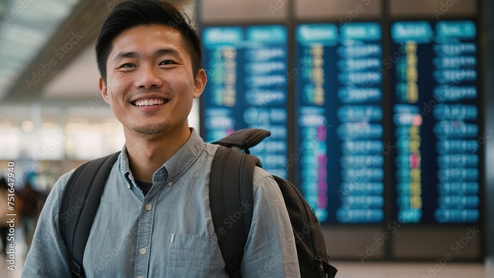 Asian man in an airport terminal looking at flight information display ...