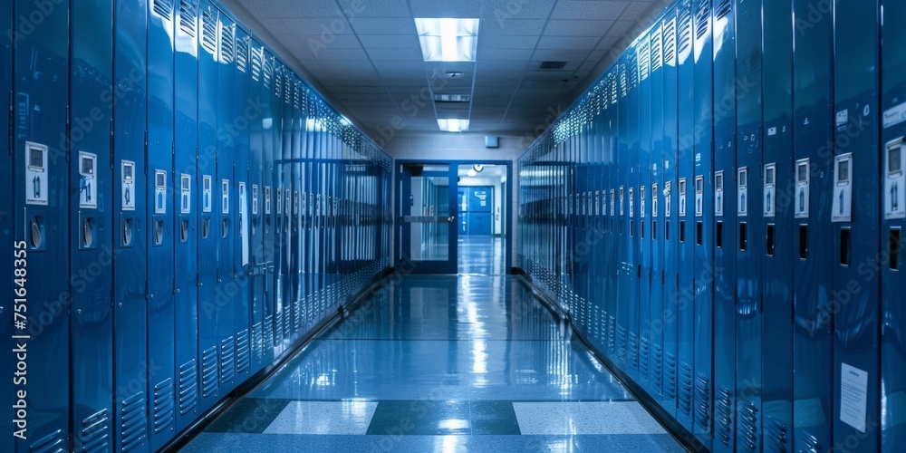 Blue school lockers lining a corridor, reflecting the structured ...