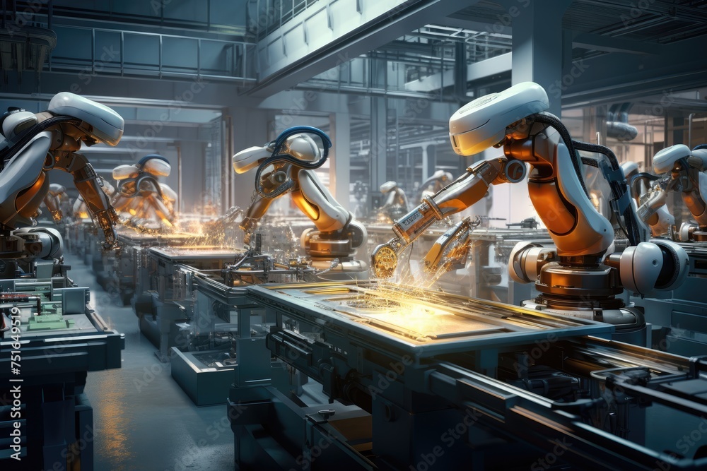 Robot assembly line in a futuristic factory. The automation of ...