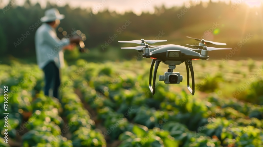 Farmer using drone to monitor crop health in field of organic produce ...