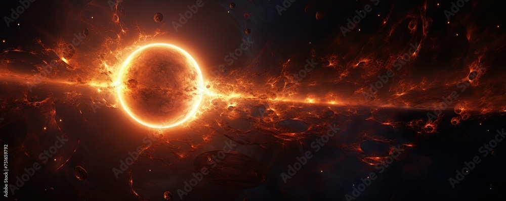 Abstract planet eclipse in space. Alien worlds with glowing lens flares ...