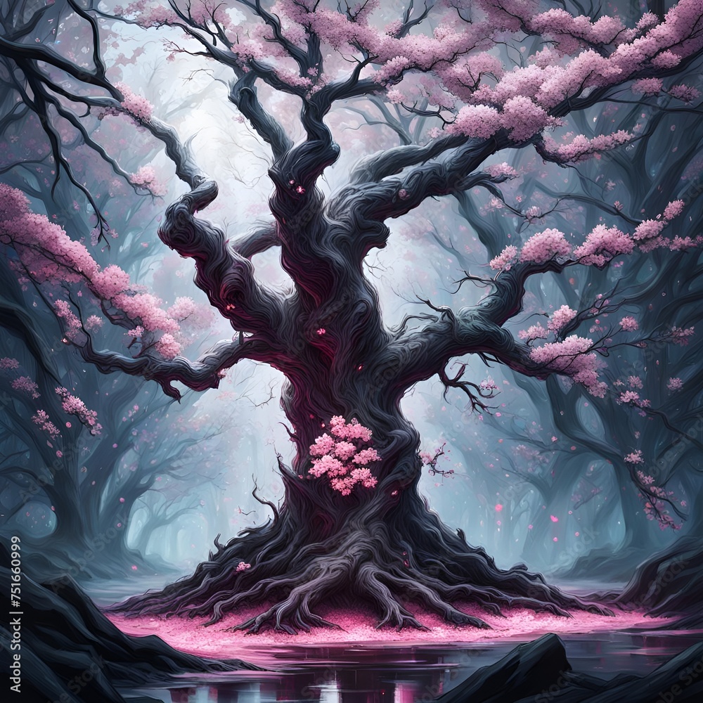 Cherry blossom tree in cursed dark forest Stock Illustration | Adobe Stock
