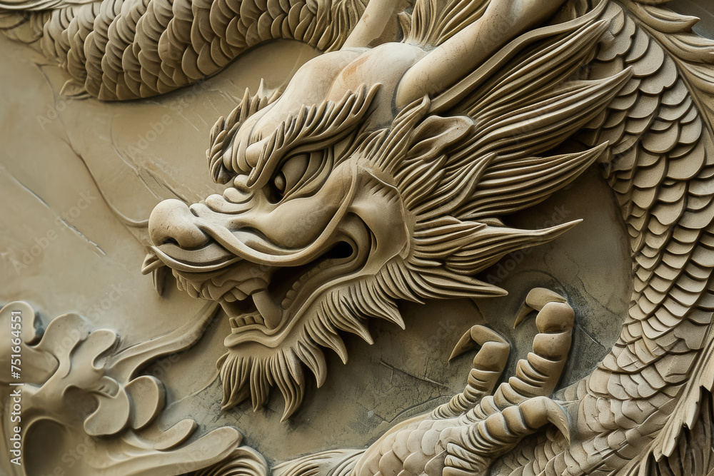 Design a relief sculpture depicting a mythological creature, with ...