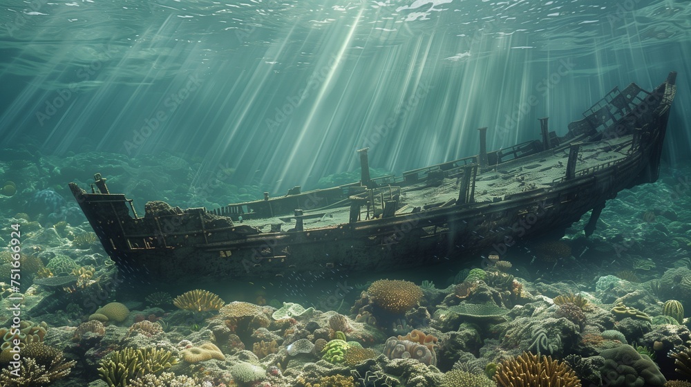 An ancient, sunken ship resting on the ocean floor, surrounded by a ...