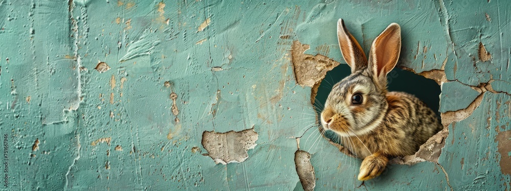 Cute rabbit. Easter bunny poster peeking out of a hole in the wall with ...