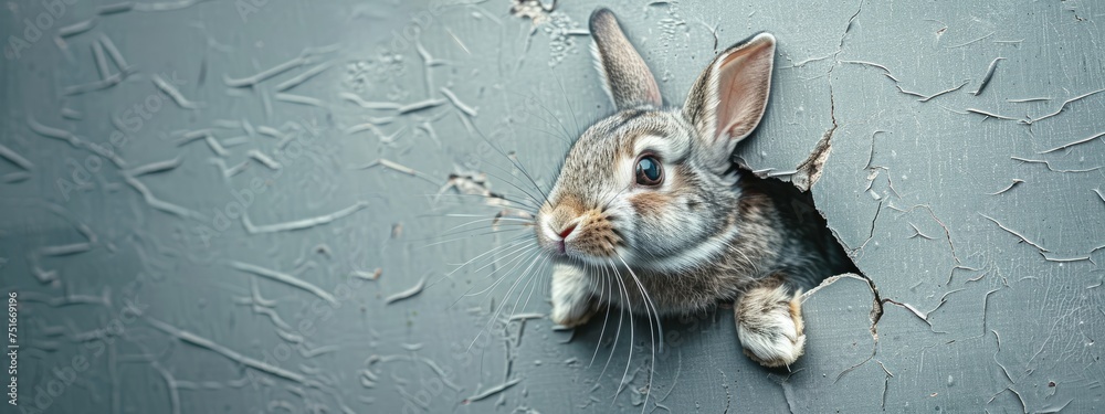 Cute rabbit. Easter bunny poster peeking out of a hole in the wall with ...