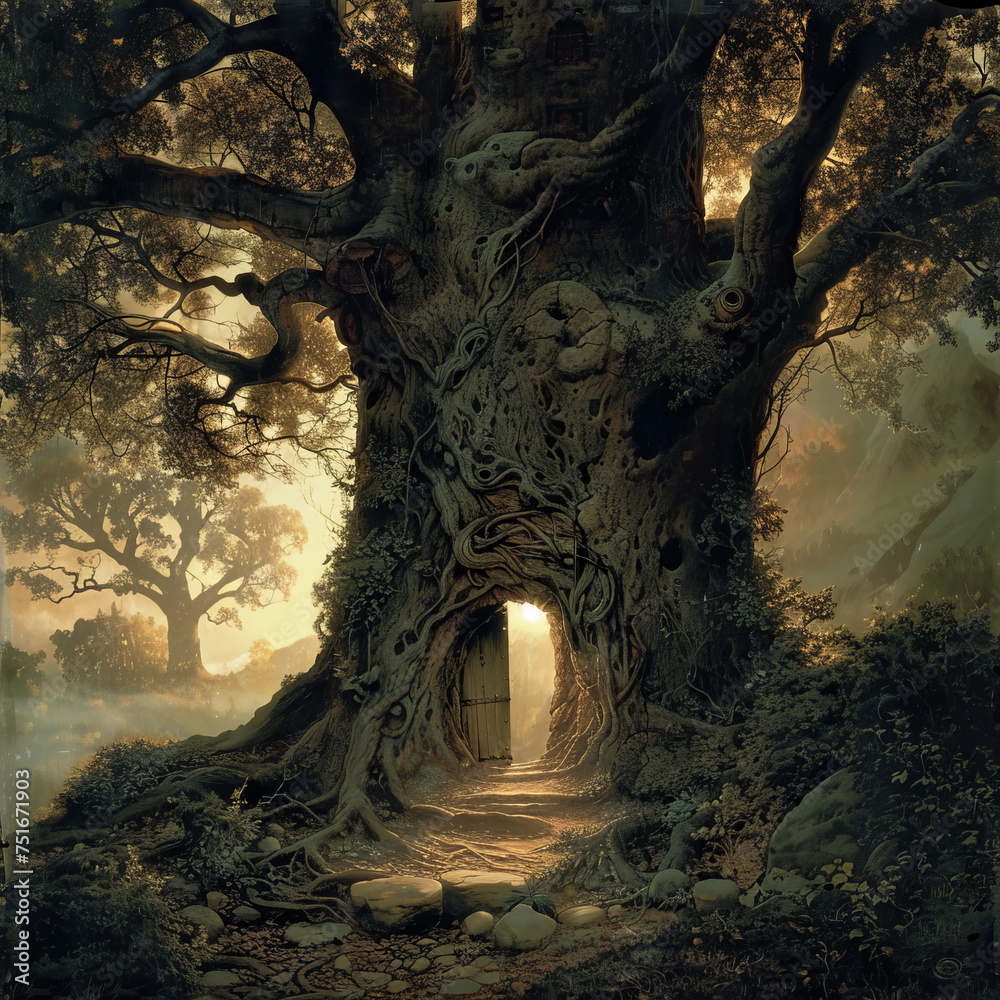 Enchanted Tree Gateway, A magical gateway hidden within the roots of an ...