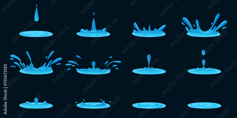 Dripping water animation. Cartoon liquid water splashes, clean aqua ...