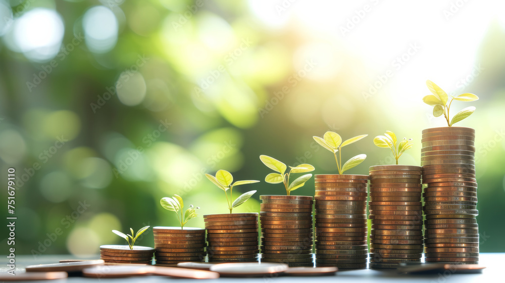 Growing columns, columns of metal coins on nature background as a ...