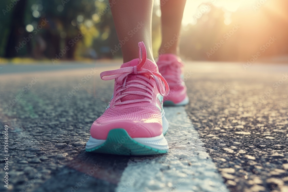 Physical activity. Close-up of pink sneakers on the sidewalk at sunrise ...