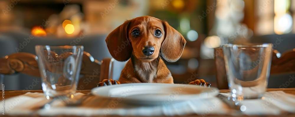 Excited dachshund puppy displays proper dining table etiquette. Concept ...