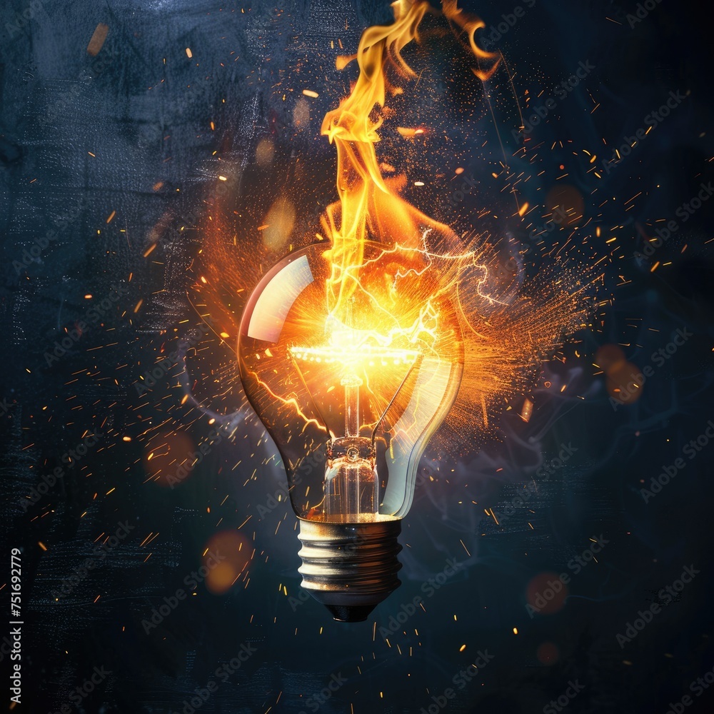 Burning light bulb with sparks flying - An intense image of a light ...