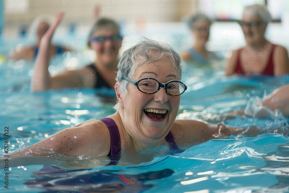 Group of retired women in a swimming lesson at the pool of a sports ...