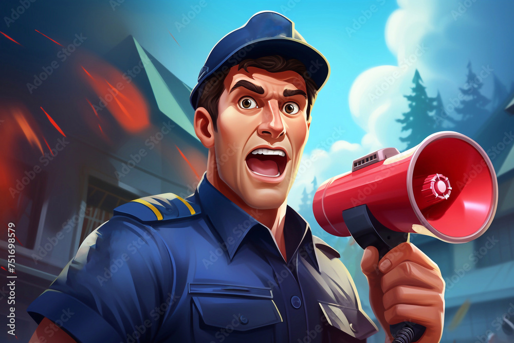 A fireman with a megaphone announces a fire alarm and an emergency ...