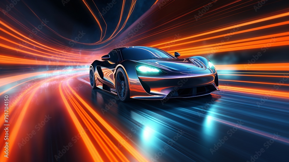 Witness the powerful acceleration of a speeding sports car on a neon ...