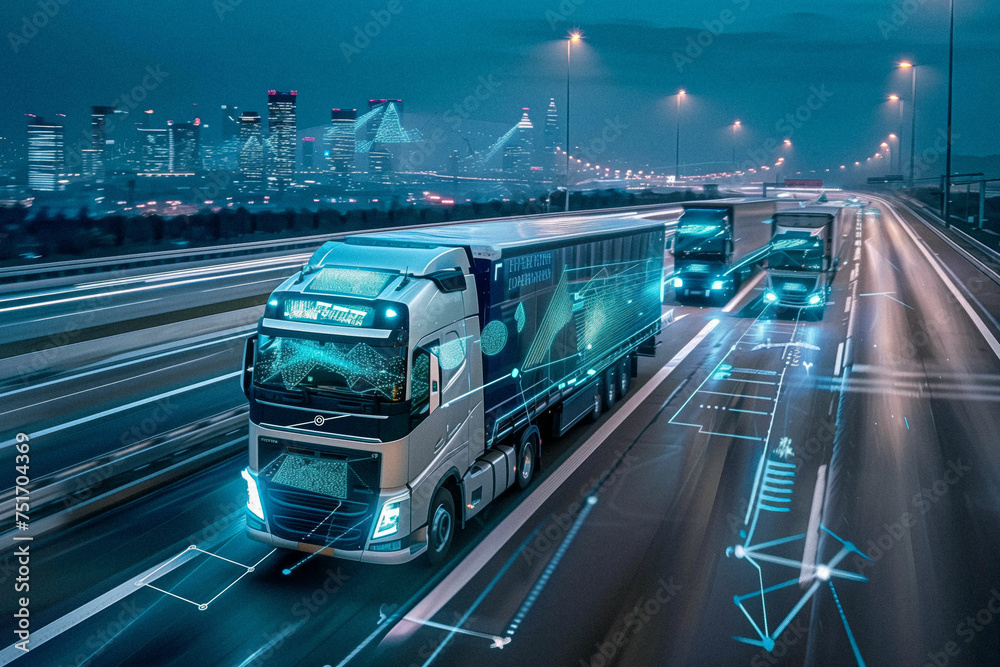 A convoy of driverless semi-trucks moving in sync on a smart highway ...