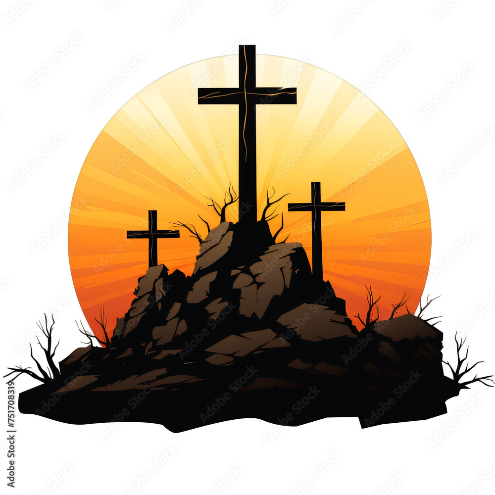 three crosses on top of hill with sun in background on a transparent ...