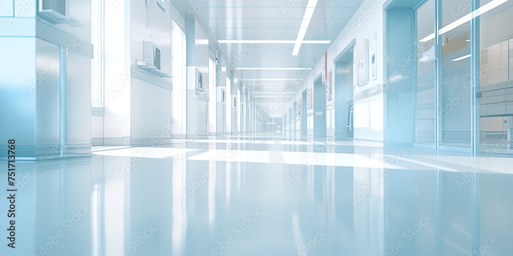 Blurred empty modern hospital corridor background. Abstract blurred ...