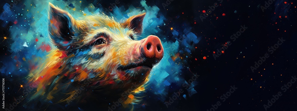Pig against cosmic background with space, stars, nebulae, vibrant ...