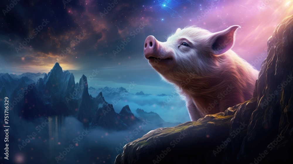 Pig against cosmic background with space, stars, nebulae, vibrant ...